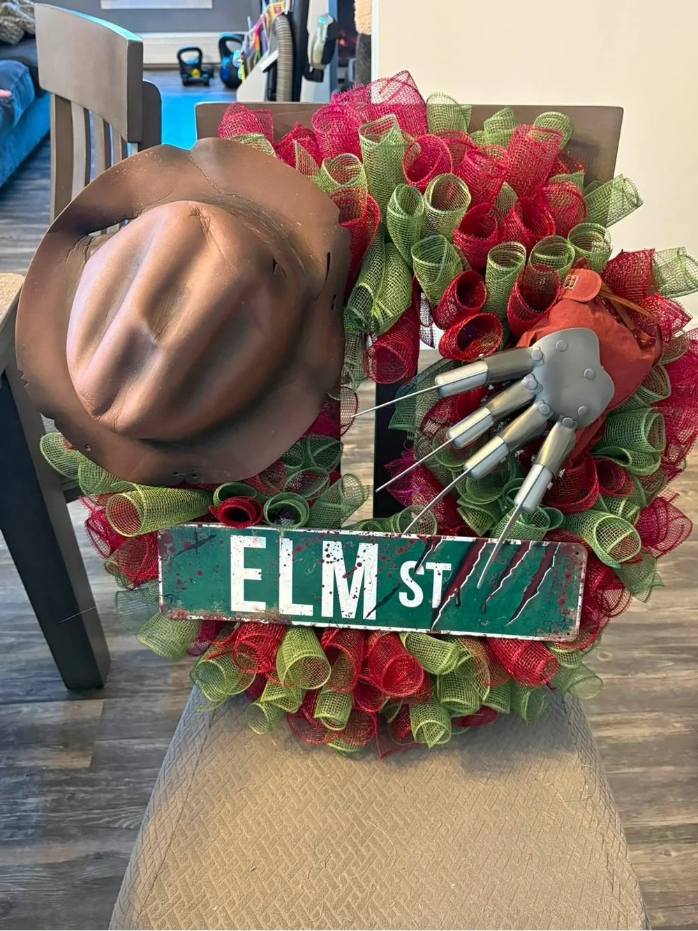 Other | Horrorthemed Wreath With Elm St Sign And Freddy Gloves | Poshmark